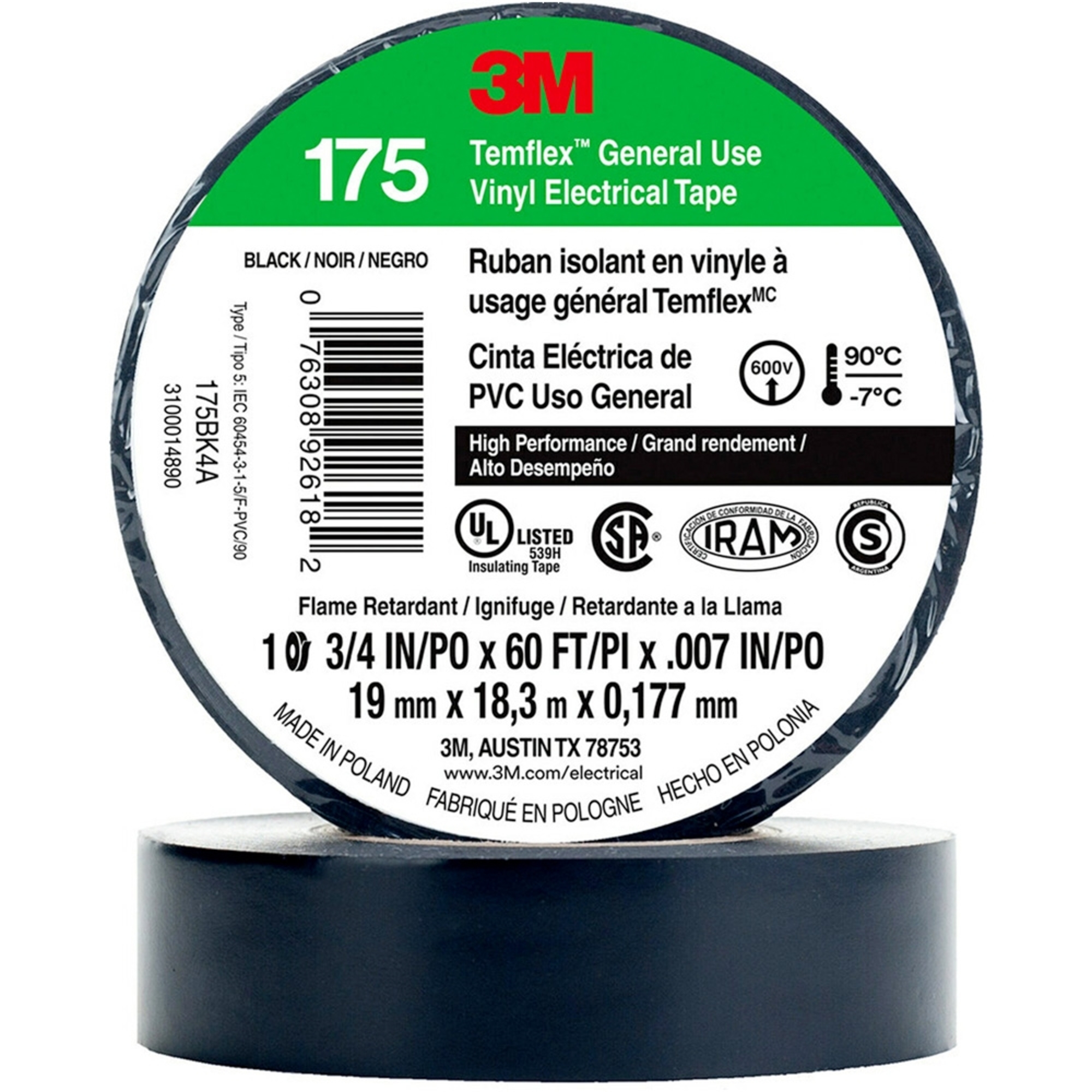 3M - 3M-175BK4A - 3M 175 Temflex Vinyl Electrical Tape, Black - 3/4in x ...